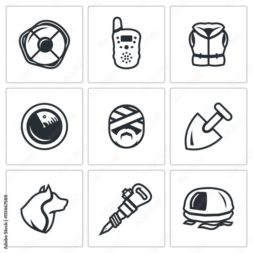 Vector Set of Search and Rescue service Icons. Lifebuoy, Radio, Life ...