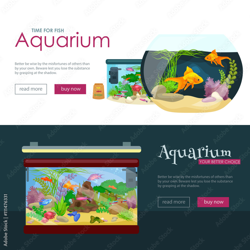 Aquarium fish, seaweed underwater, banner template layout with marine ...