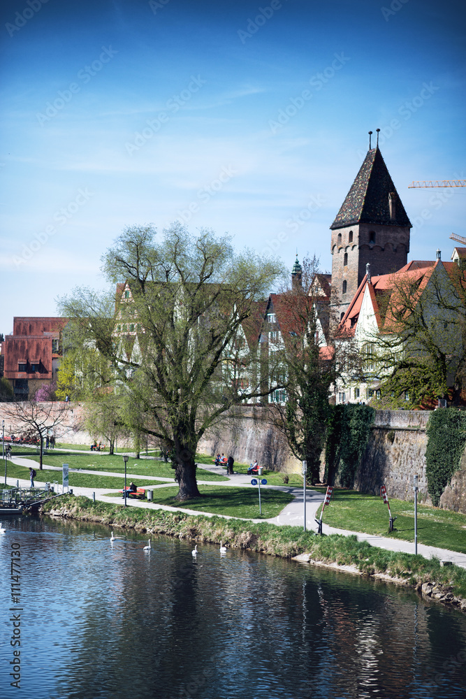 Paths and River Blau with Ulm City View and Tower Stock Photo | Adobe Stock
