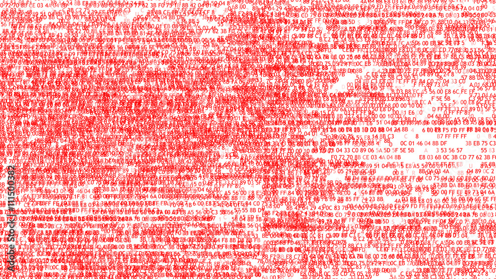 Hexadecimal code running up a computer screen on white background. Blue ...