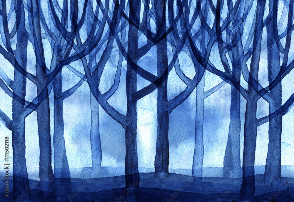 Watercolor Blue forest trees background Stock Illustration | Adobe Stock