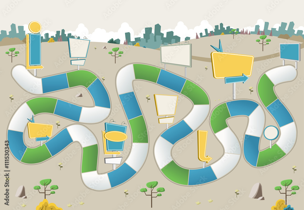 Board game with a block path on a park with billboards. Ad signs ...