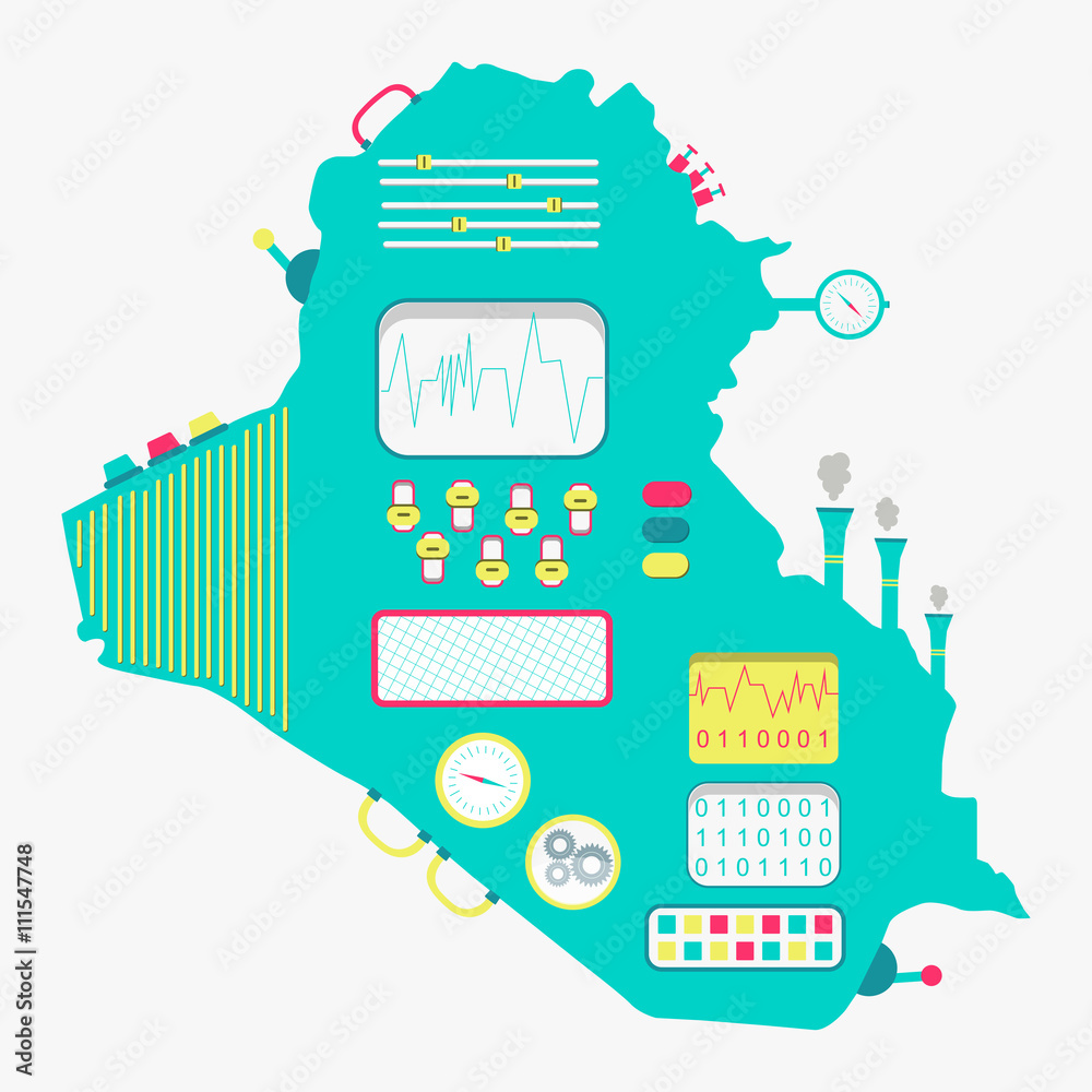 Map of Iraq like a cute machine with buttons, panels and levers ...