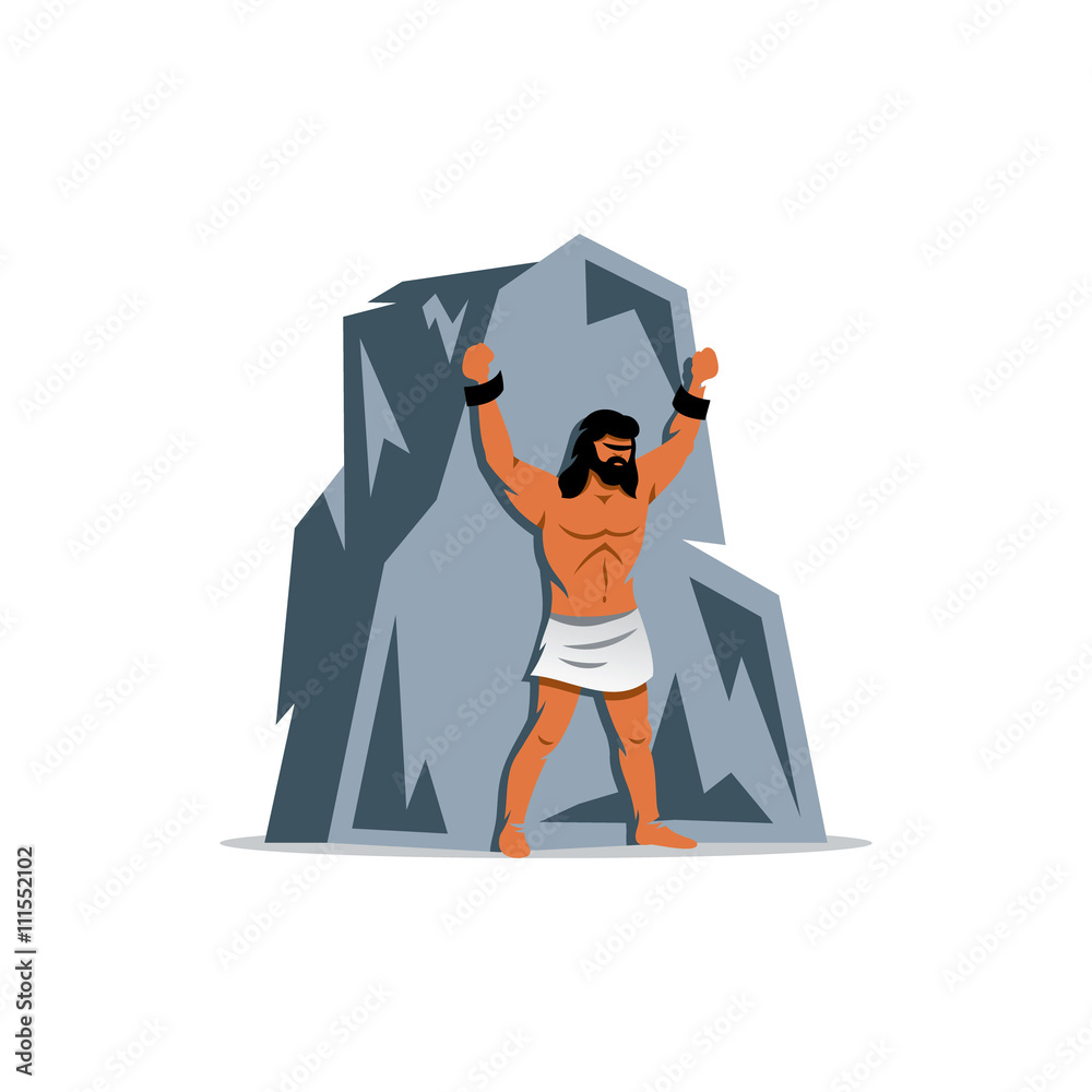 Prometheus on rock. In Greek mythology, titan, defender of people from ...