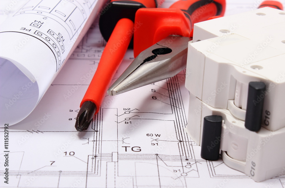 Electrical diagrams, electric fuse and work tools on drawing Stock ...