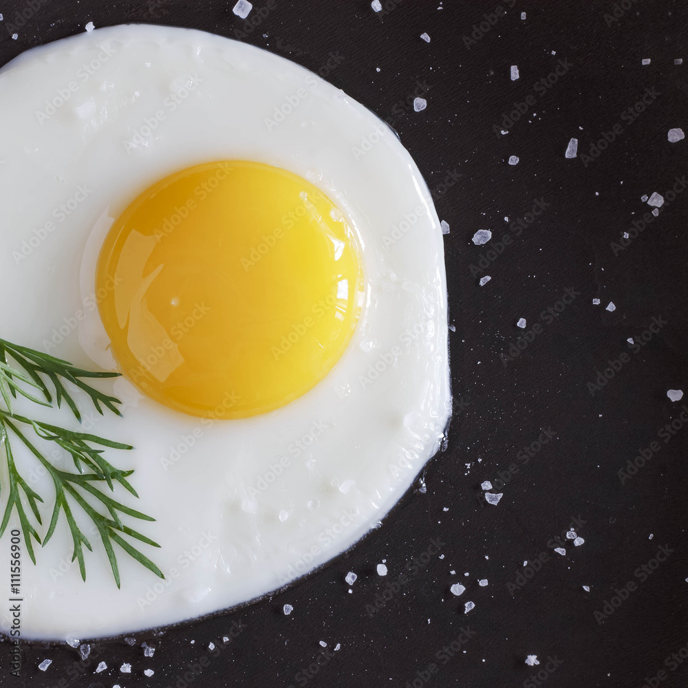 Square shot. Fried egg on a black background, or in a pan. Flat ...