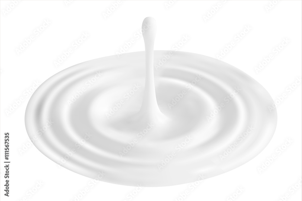 Milk drop splashing and making ripple. White creamy liquid. Isolated ...