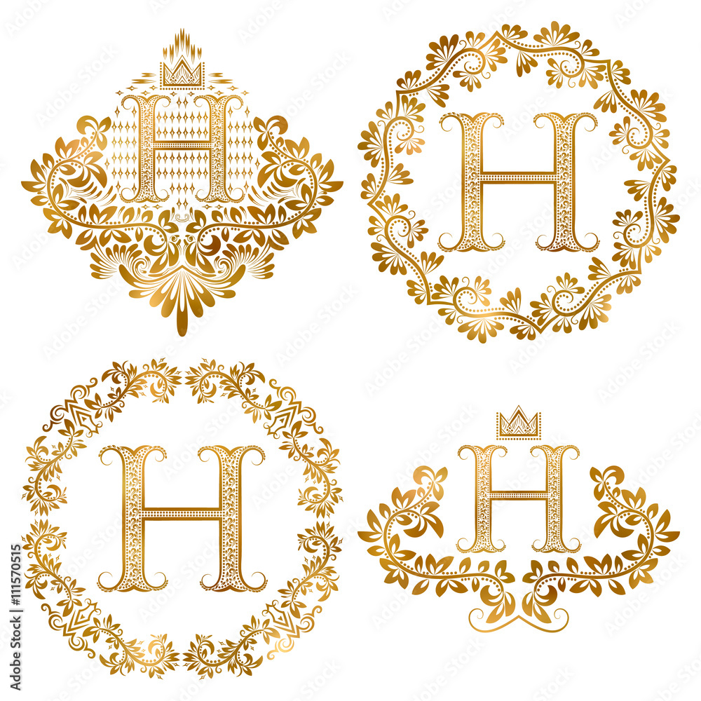Golden letter H vintage monograms set. Heraldic monogram in coats of ...