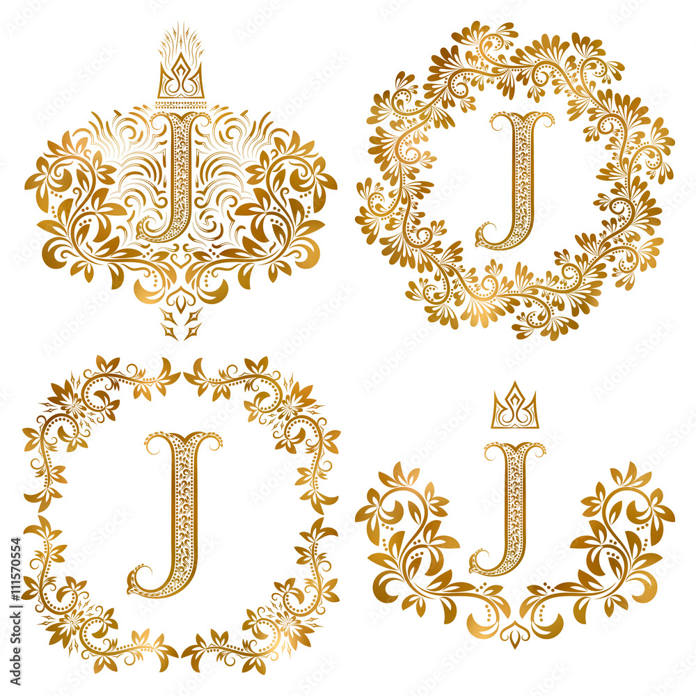 Golden letter J vintage monograms set. Heraldic monogram in coats of ...