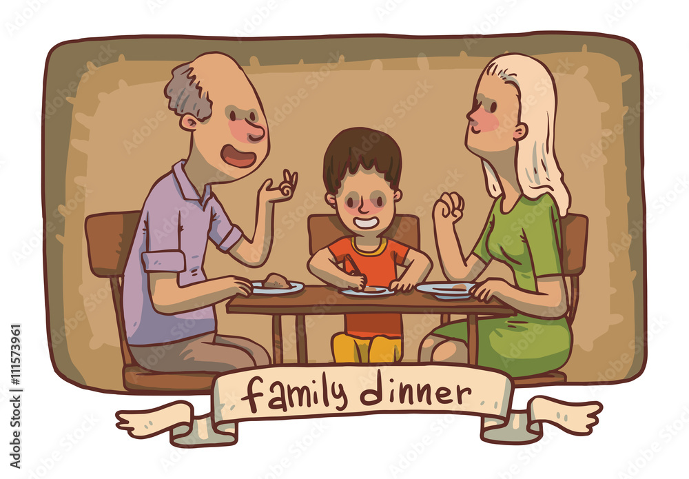 Cartoon Boy Eating Dinner With Family