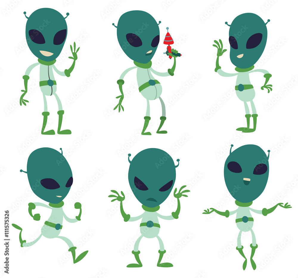 Vector cartoon image of a set of funny green aliens. Green aliens in ...