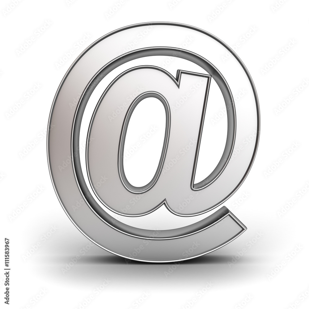 Metal email at sign isolated over white background with reflection and ...