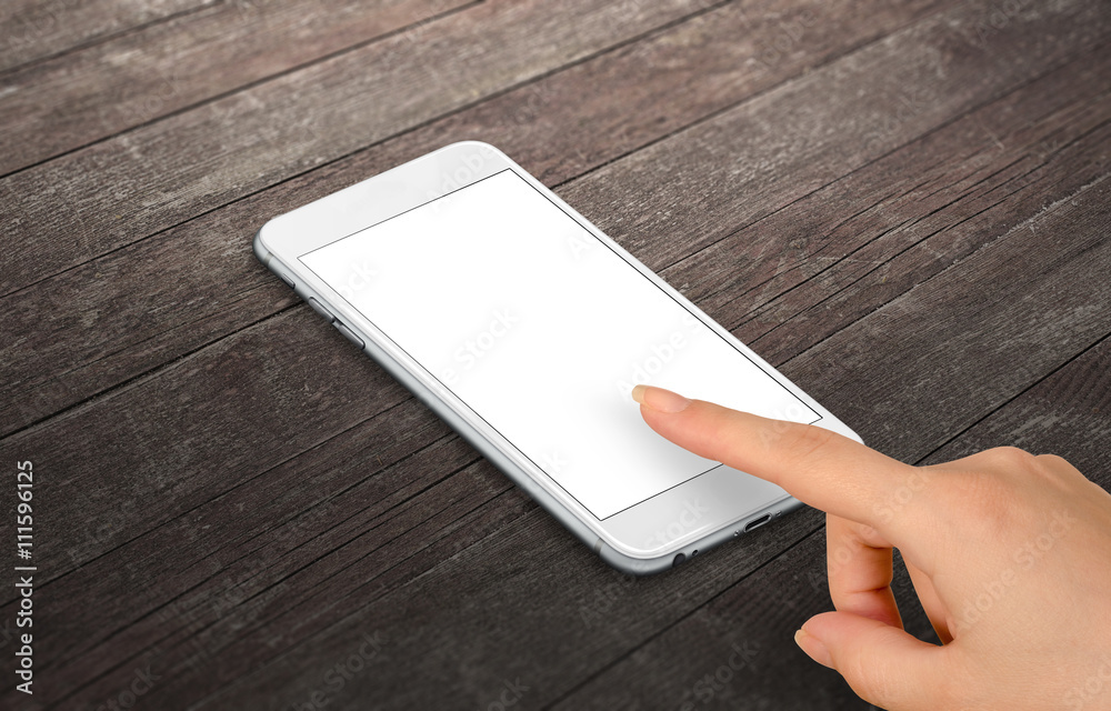 Woman touch smart phone with isolated white screen for mockup ...