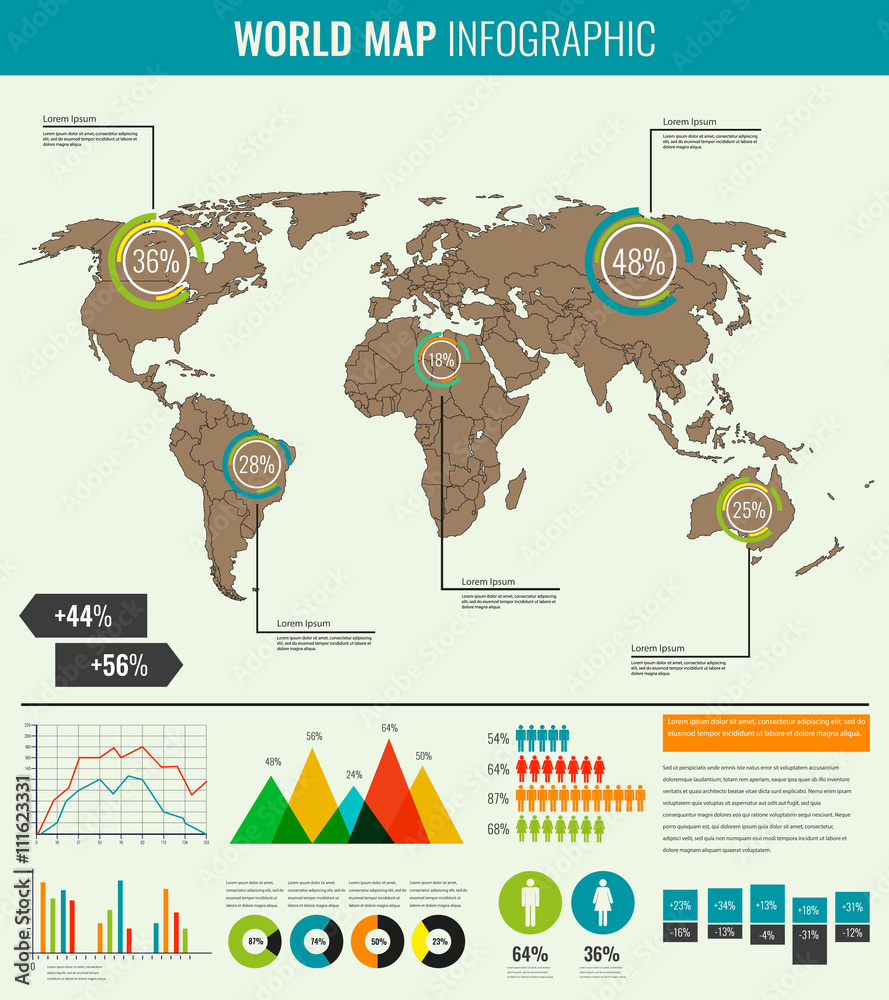 World map with infographic elements. All countries are selectable ...