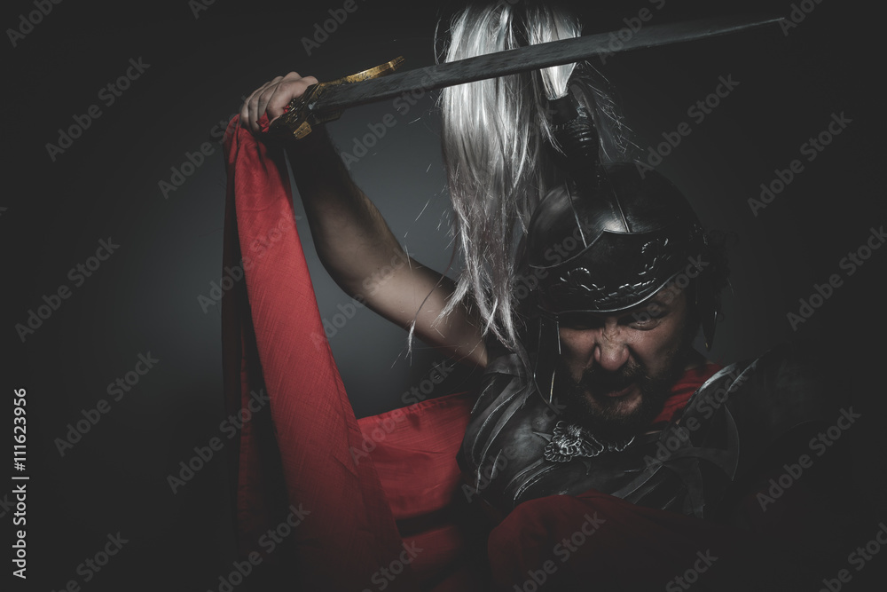 Spartan, Praetorian Roman legionary and red cloak, armor and swo Stock ...
