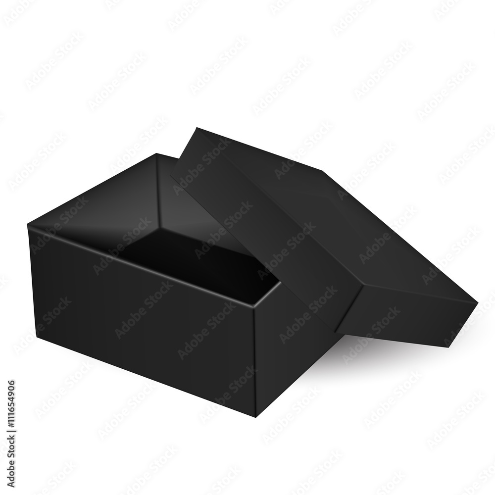 VECTOR PACKAGING: Top view of open black packaging box with cover on ...