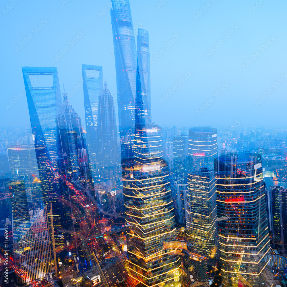 Elevated view of Lujiazui, Shanghai - China. Double Exposure. Since the ...