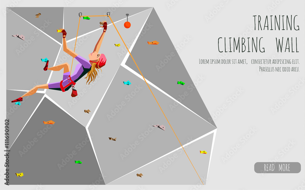Training climbing wall with grips and holds. Rock Climbing girl. On ...