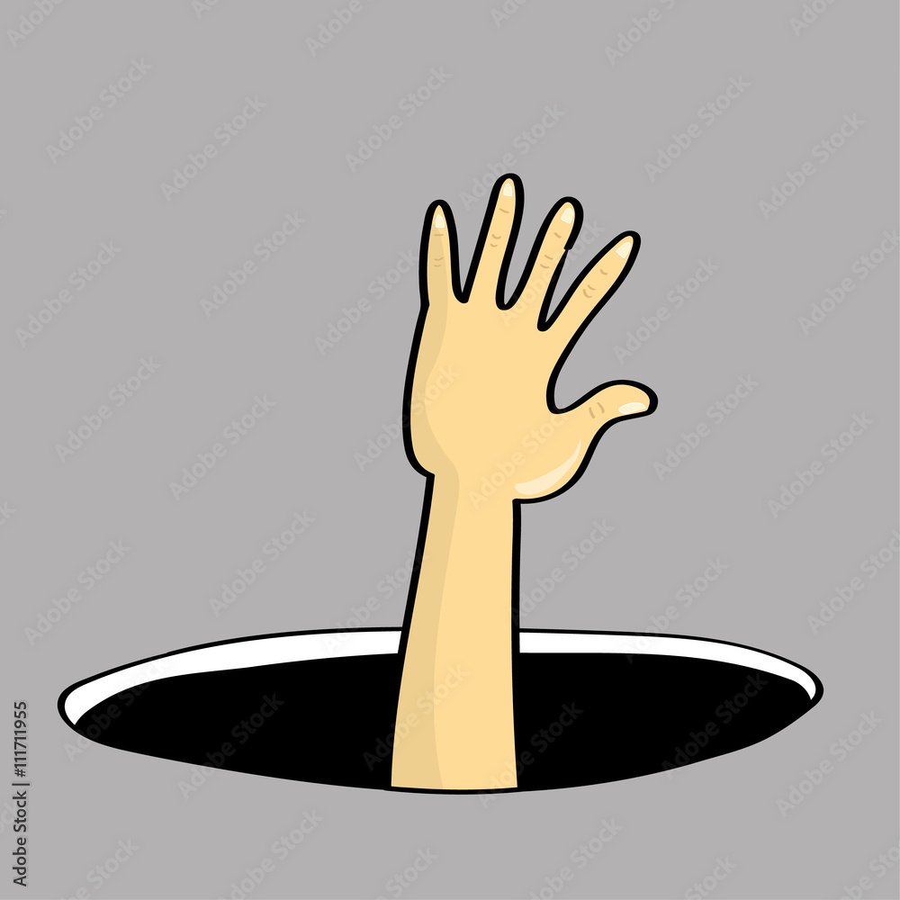 Hand and arm of a person reaching out of or falling into a dark hole in ...