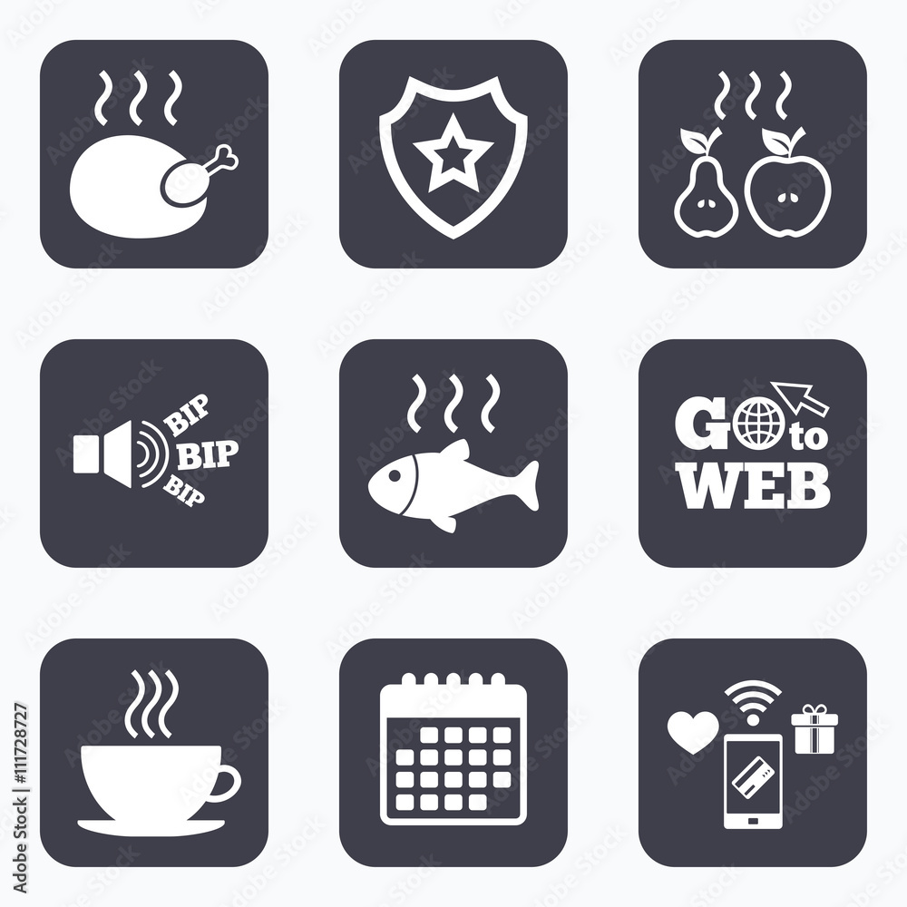 Hot food icons. Grill chicken and fish symbols. Stock Vector | Adobe Stock
