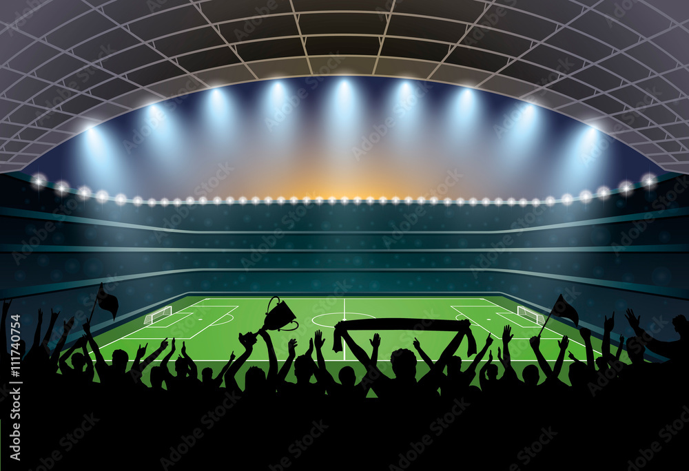 Excited crowd of people at a soccer stadium. Football stadium. Stock ...