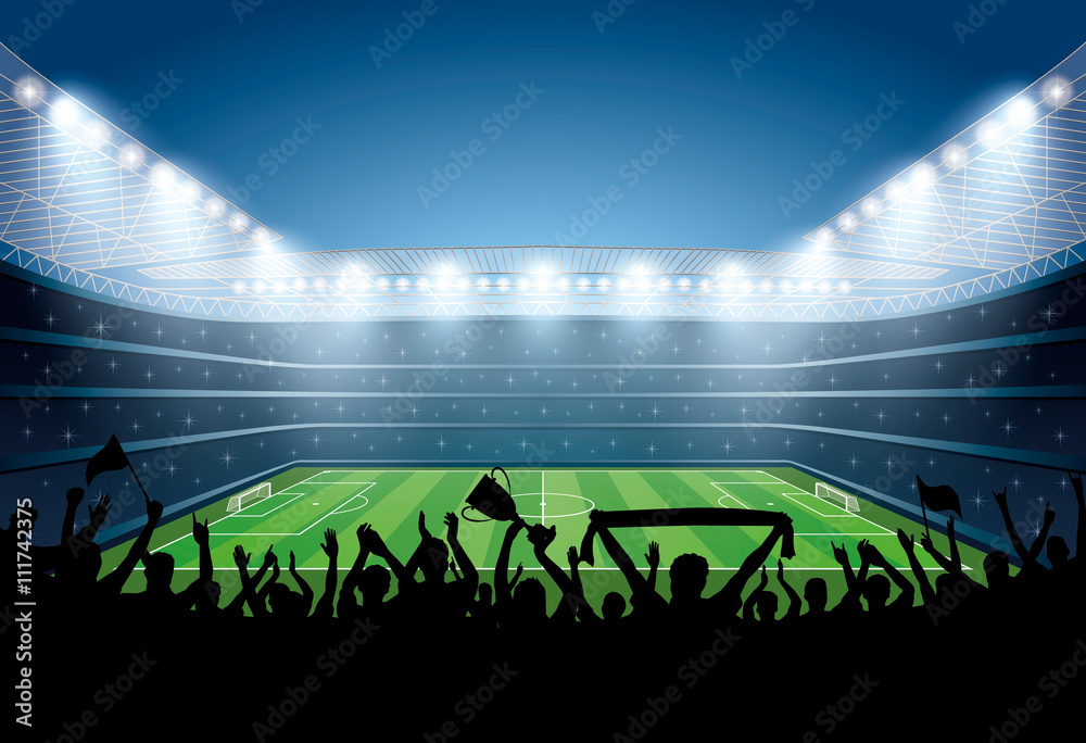 Excited crowd of people at a soccer stadium. Football stadium. Stock ...