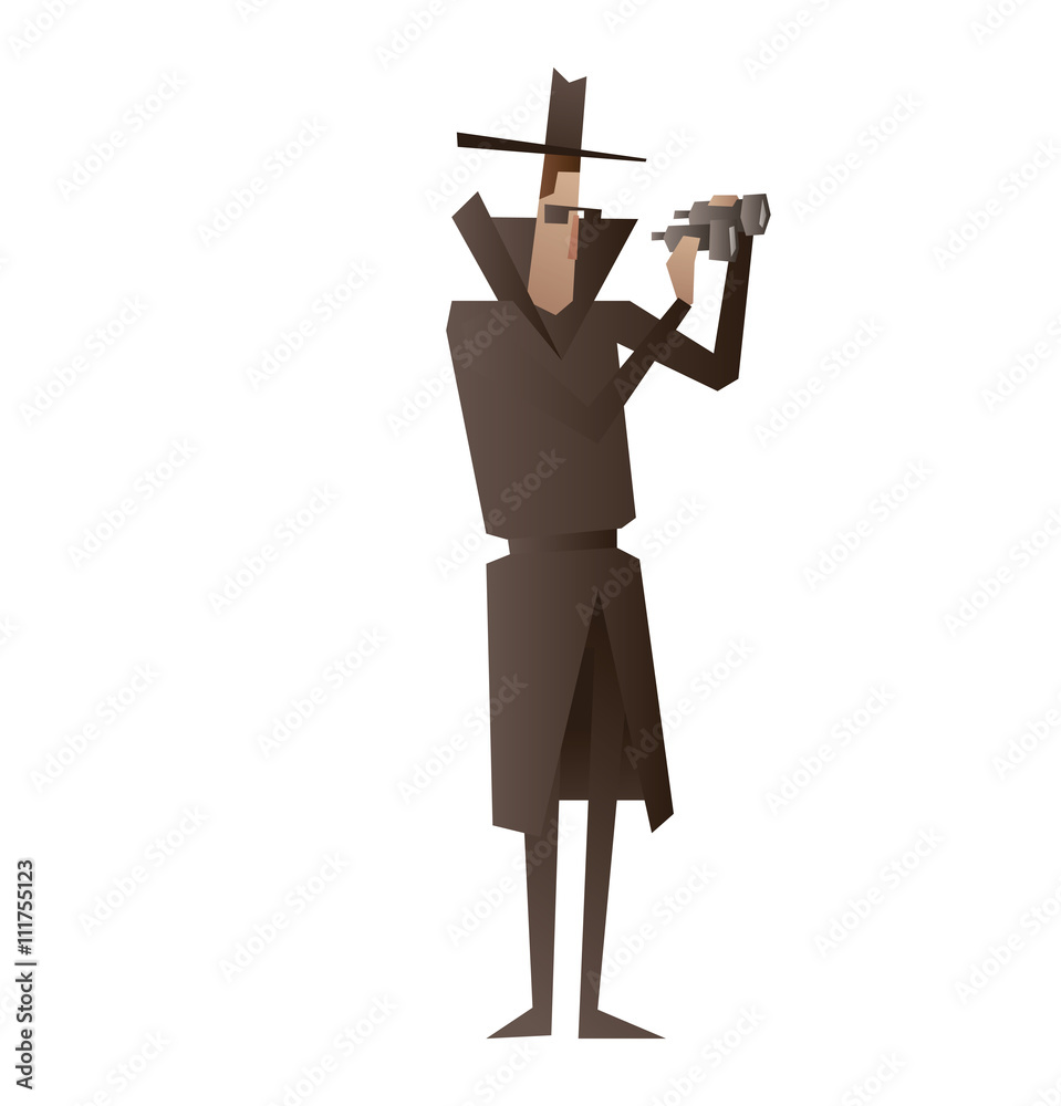 Vector cartoon image of a spy in a black coat, a hat and sunglasses ...