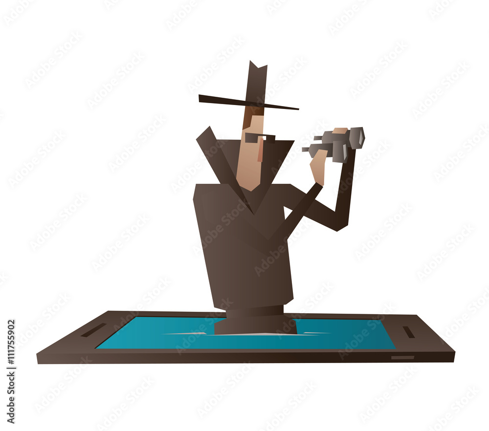 Vector cartoon image of a spy in a black coat, hat and sunglasses ...