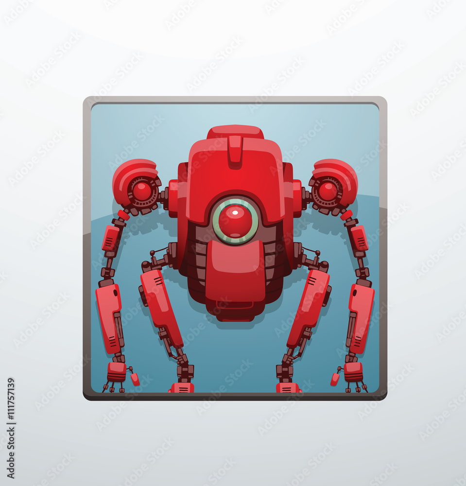 Vector blue square frame with the image of a funny bright red robot ...