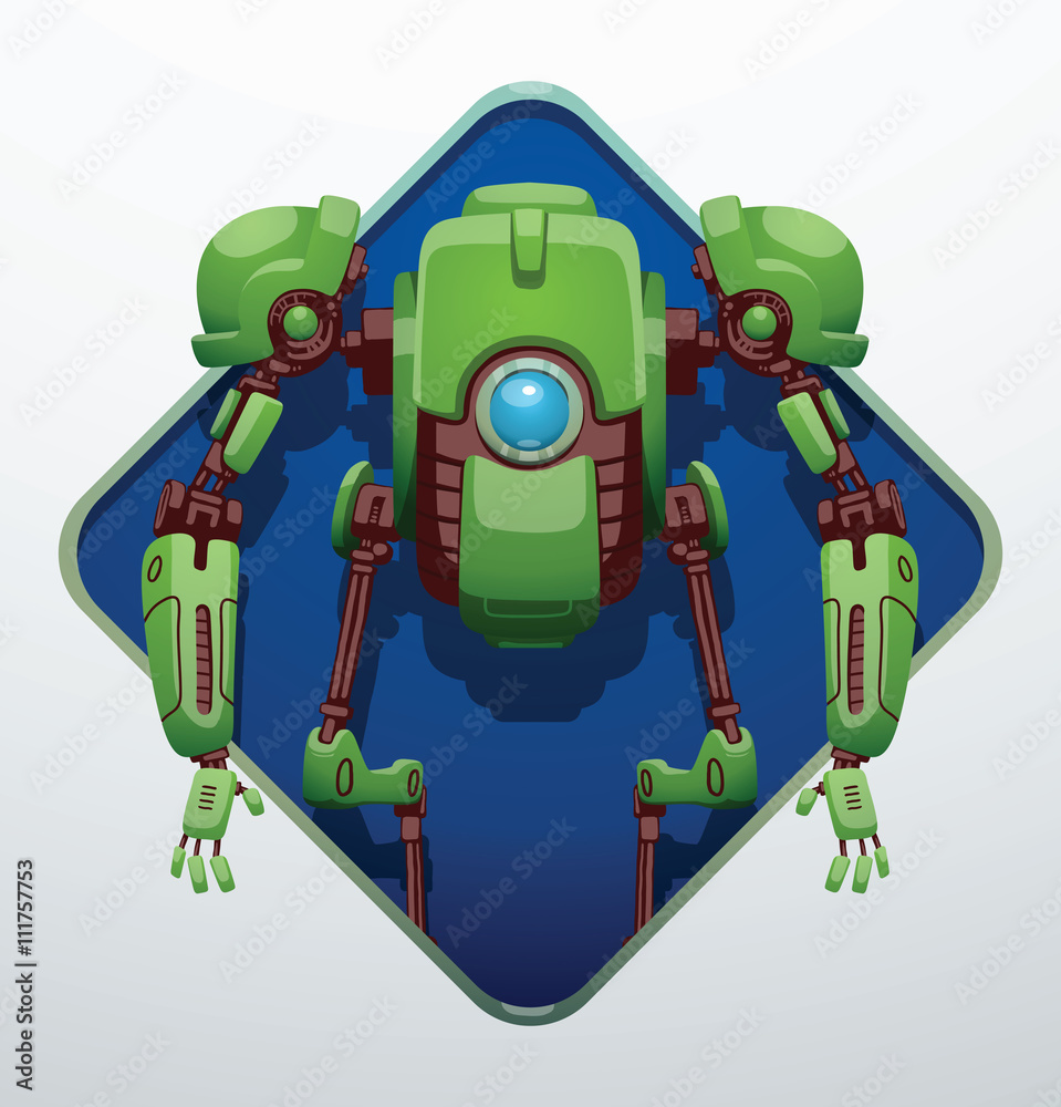 Vector blue diamond-shaped frame with the image of a funny green robot ...