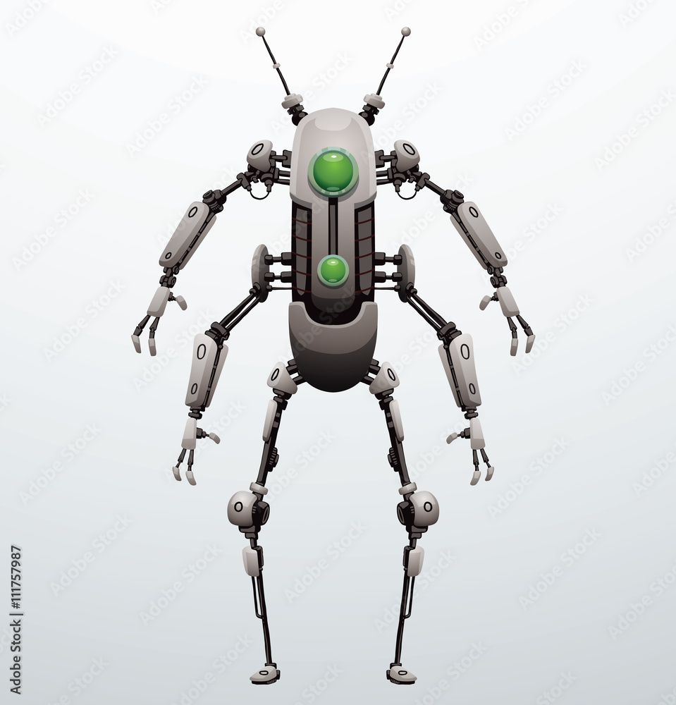 Vector image of funny thin white robot with four arms and two legs ...