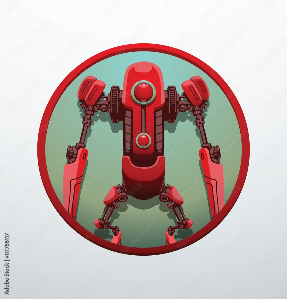 Vector red round frame with the image of a funny thin red robot with ...