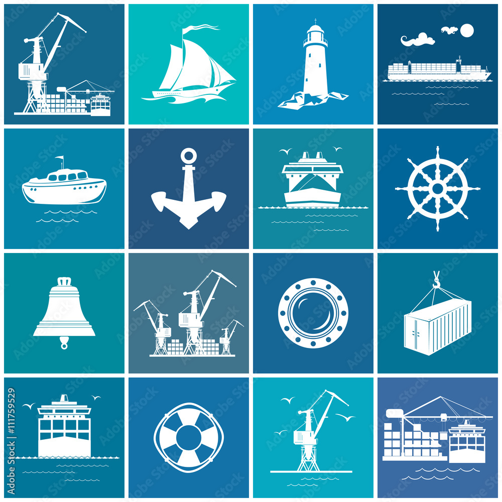Set of Cargo and Marine Icons, Sea Cargo and Cruise Ships and Ship ...