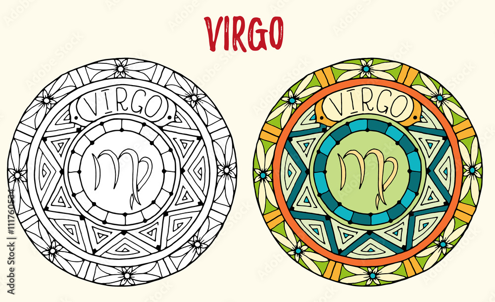 Zodiac signs theme. Black and white and colored mandalas with virgo ...