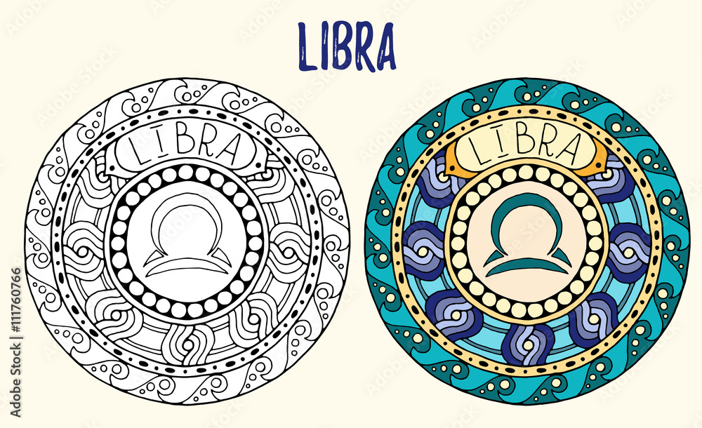 Zodiac signs theme. Black and white and colored mandalas with libra ...