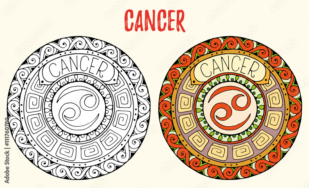 Zodiac signs theme. Black and white and colored mandalas with cancer ...