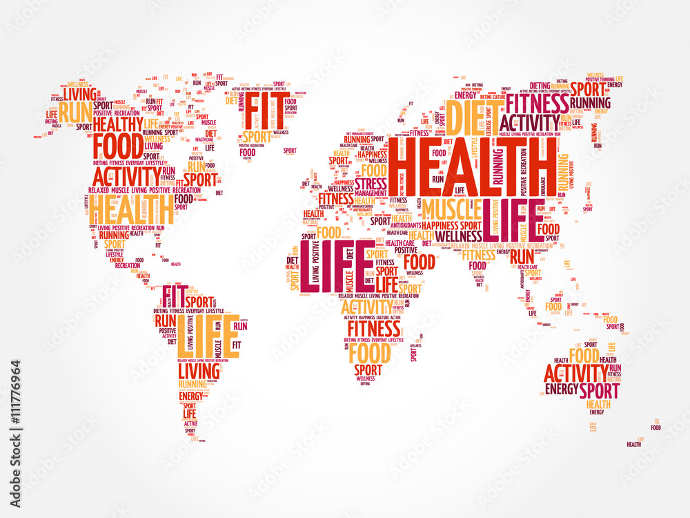 Health and Life World Map in Typography, sport, health, fitness word ...