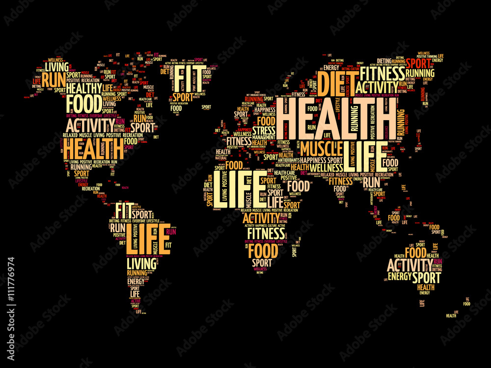 Health and Life World Map in Typography, sport, health, fitness word ...