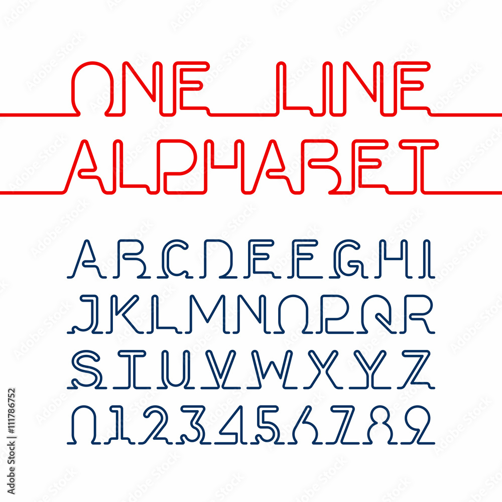 One Line Alphabet And Numbers One Single Continuous Line Font Stock