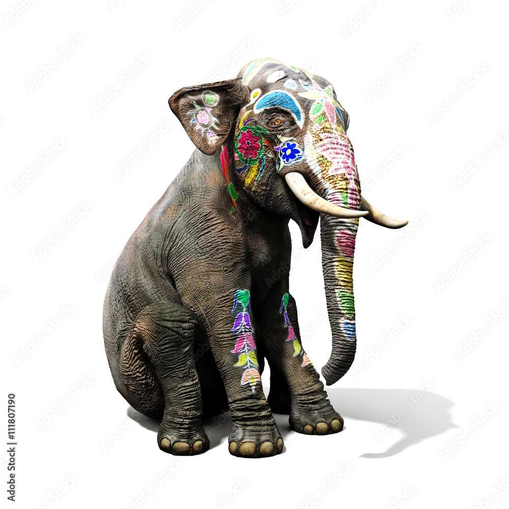 Colorful decorated elephant with large tradition in India sitting down ...