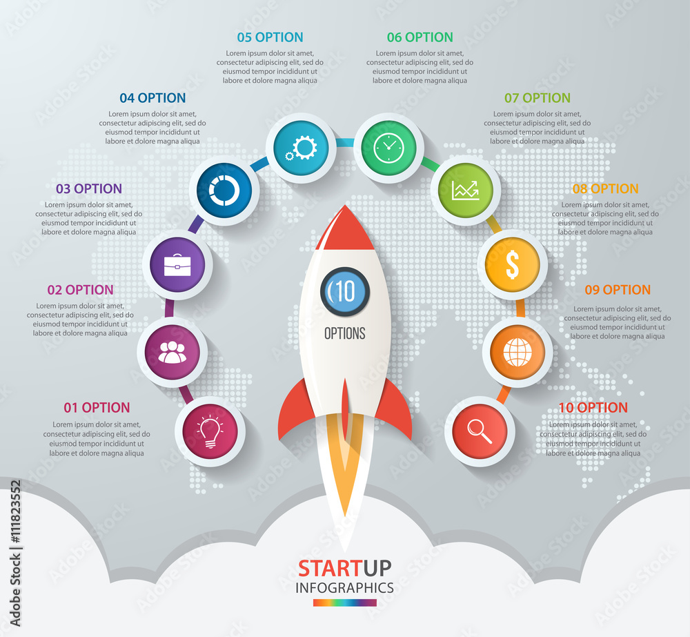 Startup vector circle infographics with rocket launch and styled world ...