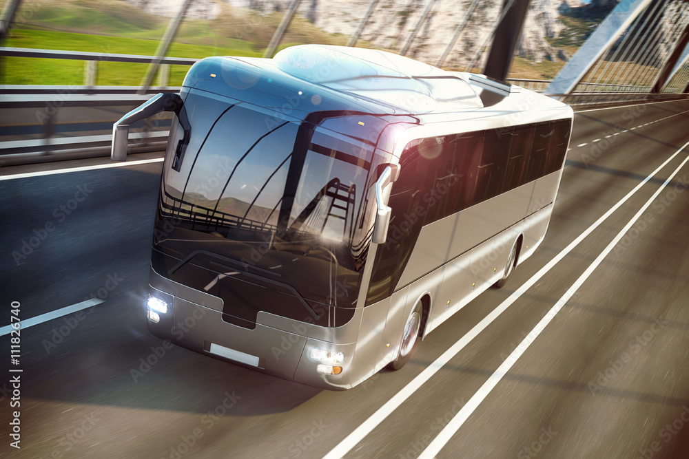 Realistic image of grey bus on the road. Business Travel Concept. Road ...