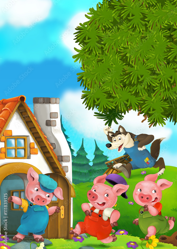 Cartoon scene of two running pigs to the house of their brother ...