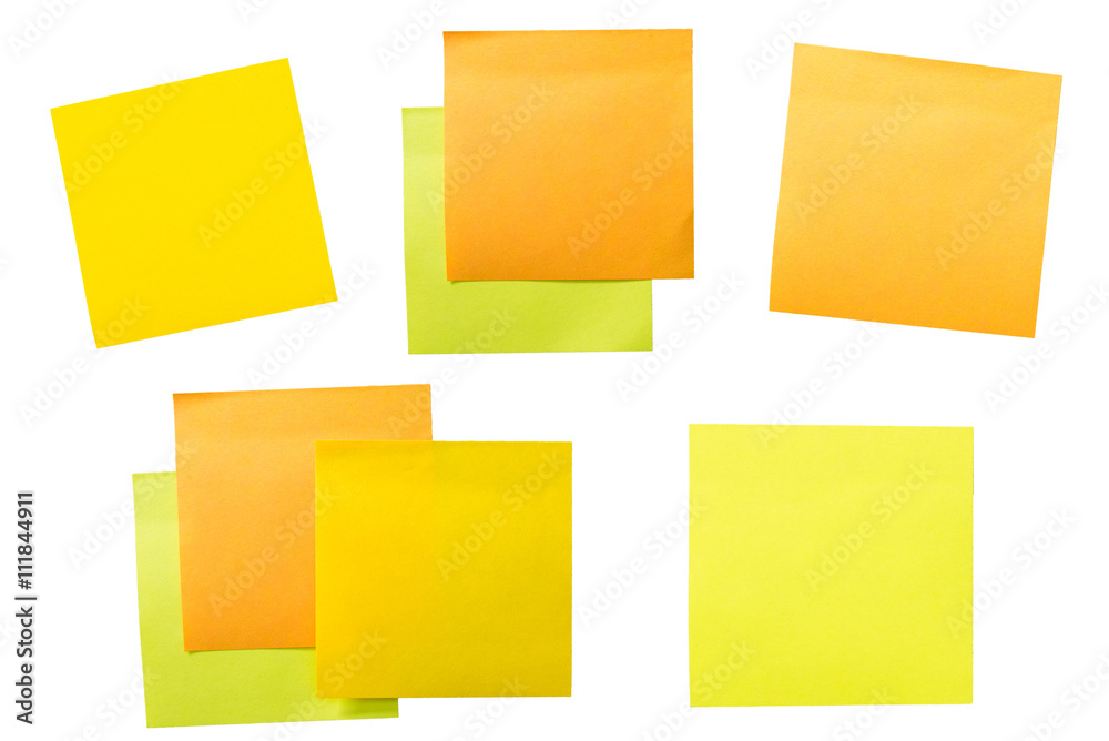 A set of office/work related color paper sticky notes. Isolated on ...