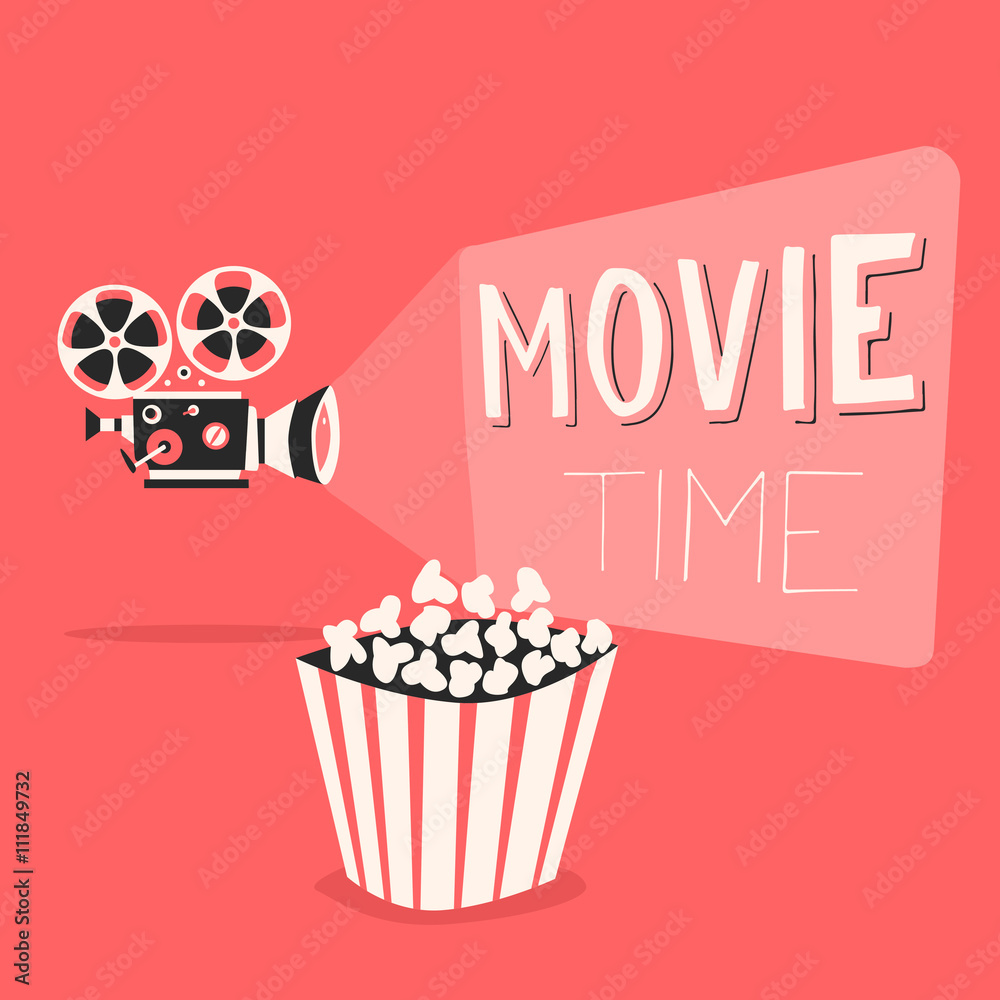 Movie time poster. Cartoon vector illustration. Film projector and ...