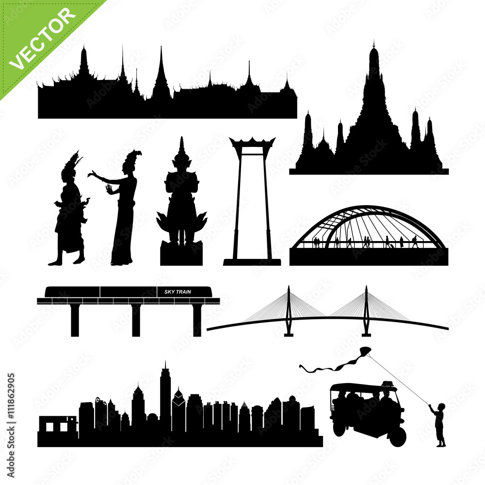 Bangkok symbol and landmark silhouettes vector Stock Vector | Adobe Stock