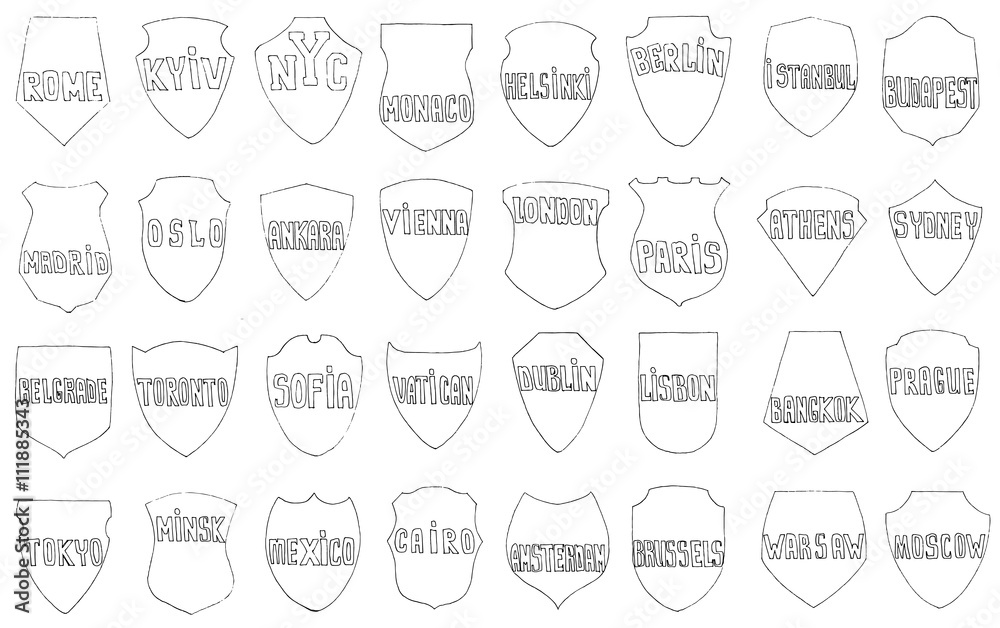 Collection of shields with names of world capital cities Stock Vector ...