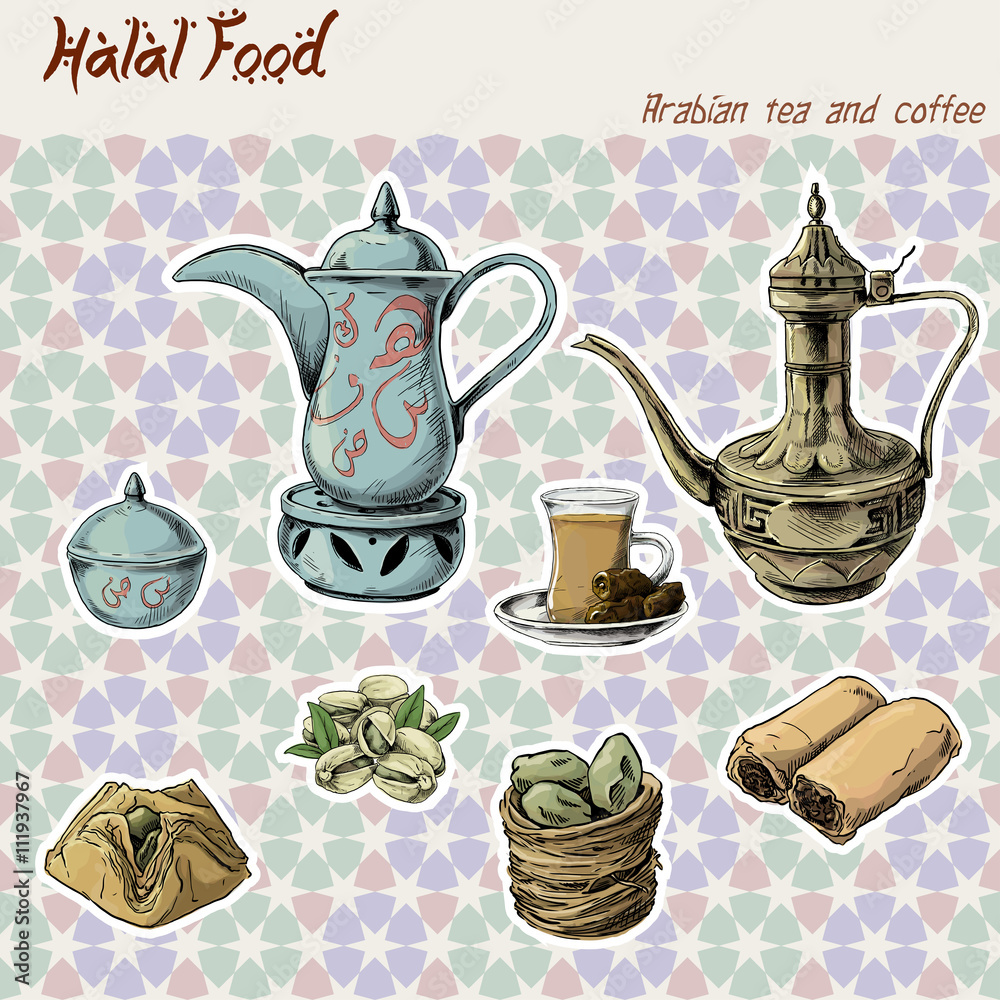 Arabian halal food set tea coffee cake seamless texture Stock Vector ...