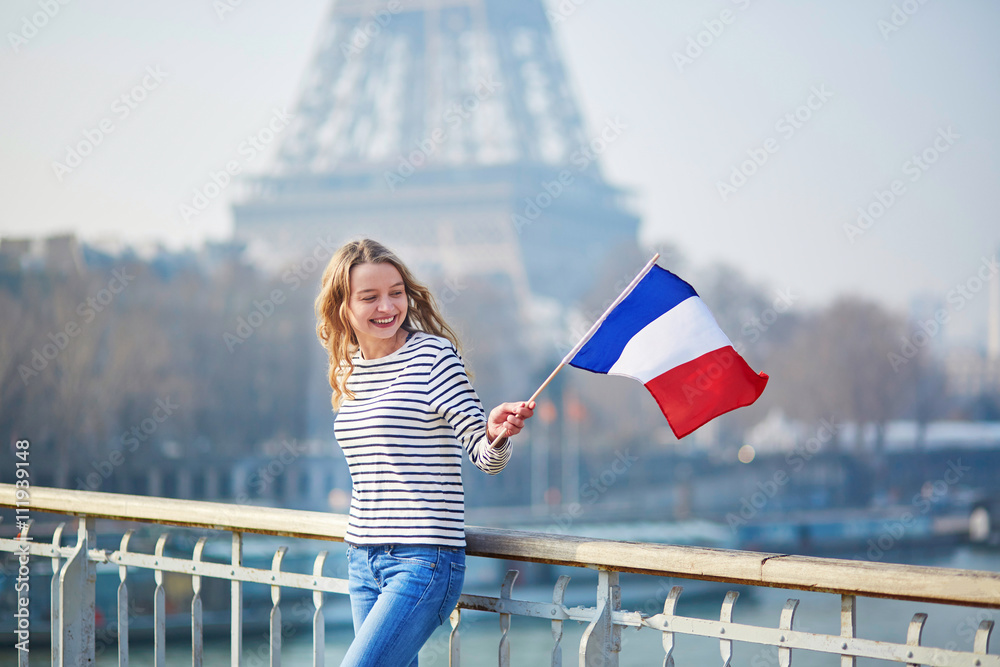 Beautiful young girl with French national flag Stock Photo | Adobe Stock