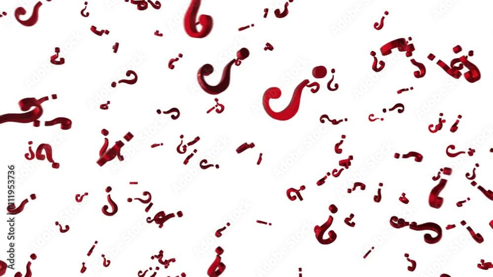 Looped animated background with chaotic spinning red 3d question marks ...